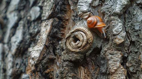Colored Snail On The Background Of A Rough Tree Trunk Small Colorful Snail Background Image