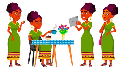 십 대 소녀 포즈 설정된 벡터 인도 힌두교 아시아 귀여운 만화 기쁨입니다 대 한 엽서 발표 커버 디자인 격리 된 만화 일러스트 레이 션 개체 그룹에 대한 스톡 벡터 아트 및