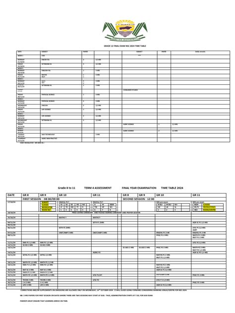 Exam Time Table Grade 8 To 12 2024 Final Invigilation Internal Pdf