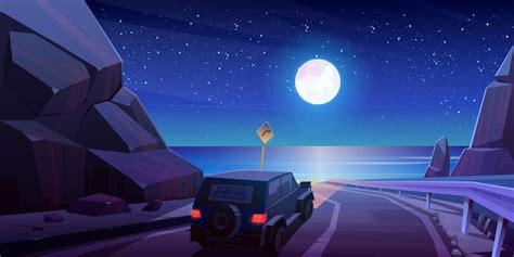 Free Vector Night Road Trip By Car Travel On Jeep Driving At Highway
