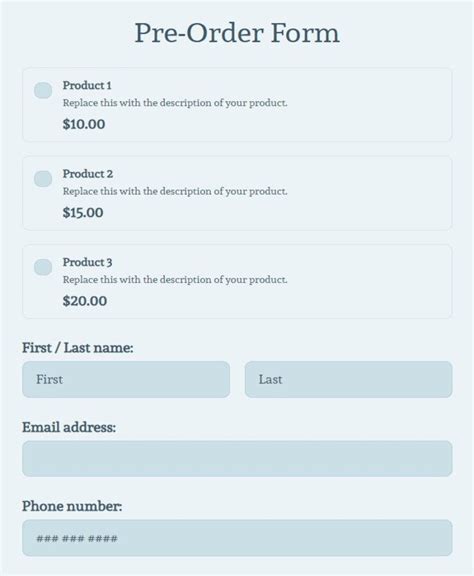 Pre Order Form Template 123formbuilder