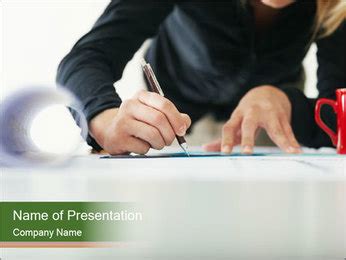 Female Architect Drawing Lines On A Blueprint In A Close Up View PowerPoint Template