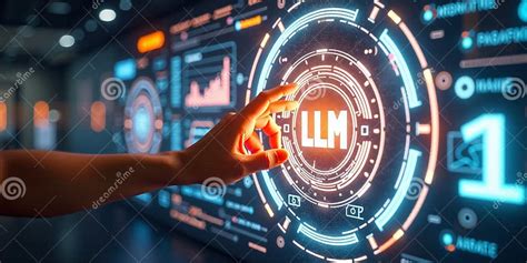 Hand Touching Glowing Llm Icon And Business Analytics Interface Stock Illustration