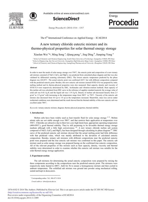Pdf A New Ternary Chloride Eutectic Mixture And Its Thermo Physical Properties For Solar