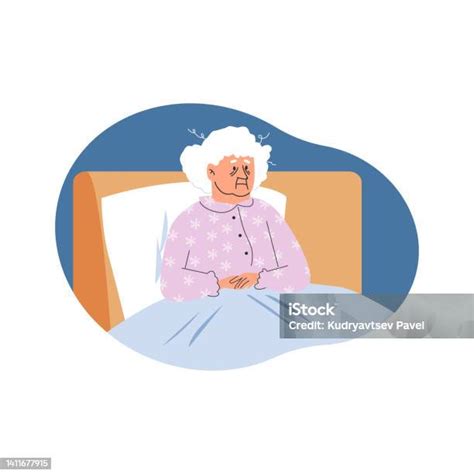 침대 플랫 스타일에 앉아있는 잠옷에 지친 할머니 벡터 일러스트 레이 션 사색에 대한 스톡 벡터 아트 및 기타 이미지 사색 노인 시간 확인 Istock