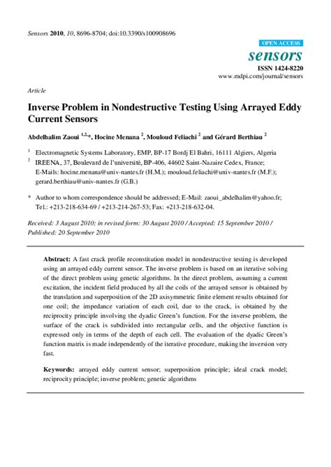 pdf inverse problem in nondestructive testing using arrayed eddy