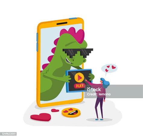가젯 장치에 모바일 넣어 플레이 버튼을 사용하여 화면에 재미 드래곤과 거대한 스마트 폰에서 작은 여성 캐릭터 바이러스 성 콘텐츠 확산 추종자 매력 피드백 만화 벡터