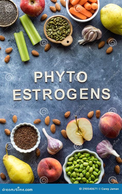 A Top Down View Of An Assortment Of Foods High In Phytoestrogens Stock