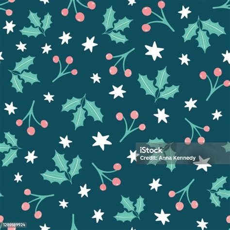 크리스마스 홀리와 베리 패턴 디자인 배경 귀여운 축제 벡터 매끄러운 반복 스타 모양과 그림을 그린 다방향 0명에 대한 스톡 벡터