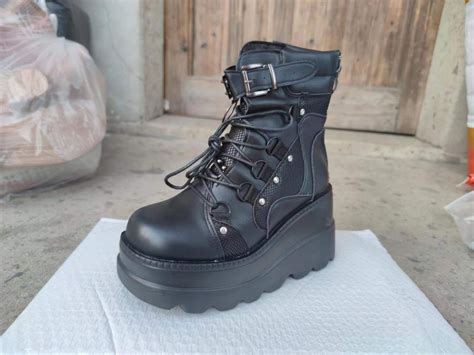 Badu Bg Маркови модни готически големи размери 43 високи токчета черни ботуши на платформа с