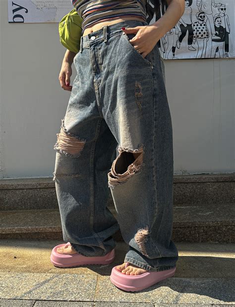 캄웨이브 핑크 데미지 데님 팬츠 Unisex