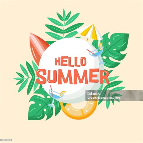 안녕하세요 여름 벡터 배너 템플릿 열대 식물 서핑 보드 칵테일 해변 우산 풍선 반지와 흰색 원 배경에 텍스트 벡터 그림입니다 Eps10 0명에 대한 스톡 벡터 아트 및 기타