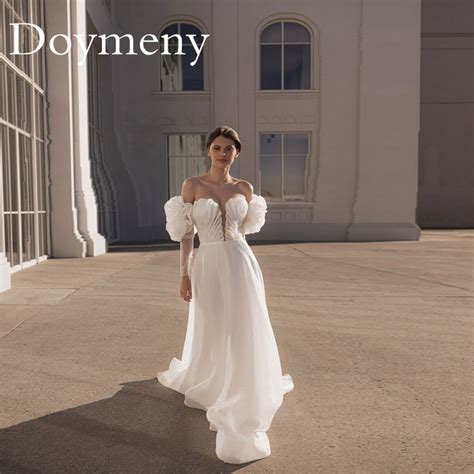 Doymeny 우아한 이동식 퍼프 슬리브 웨딩 드레스 끈 없는 연인 지퍼 업 백 코트 트레인 플리츠 로브 드 마리에 Aliexpress