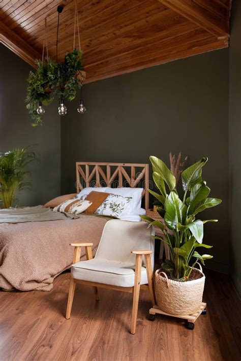 Luxurious Master Bedroom In Modern Style With Big Window In The Log