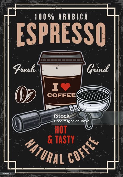 에스프레소 커피 빈티지 컬러 포스터에는 포터필터와 컵 벡터 그림이 있습니다 계층화되고 분리된 그런지 질감과 텍스트 강철에 대한