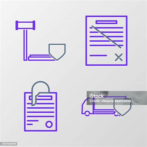 방패가 있는 라인 배달 화물 트럭 파일 문서 및 종이 클립 파일 삭제 및 판사 망치 아이콘을 설정합니다 벡터 거절에 대한 스톡