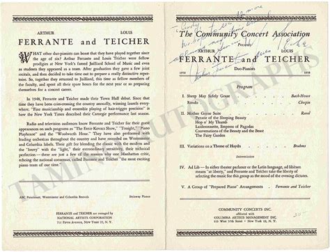 Arthur Ferrante Louis Teicher Autographs Program Ny 1959 Tamino