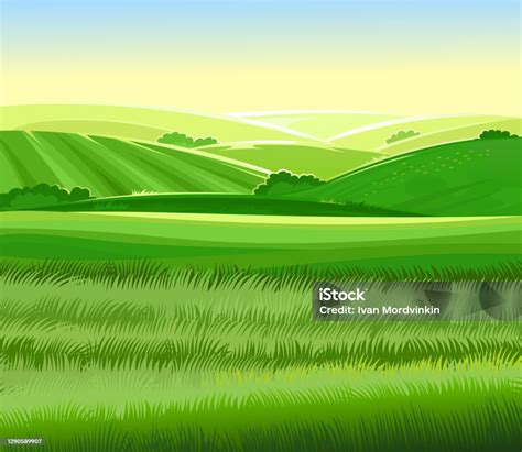 채소 밭과 들판이 있는 초원 언덕 레인지랜드와 목초지 시골 풍경 농업 처리를위한 토지의 플롯과 마을 의 외 풍경 농지 및 농장 위치 벡터 경관에 대한 스톡 벡터 아트 및