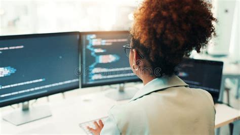 Programmer Woman And Computer Screen With Typing In Office For Writing Code App Development