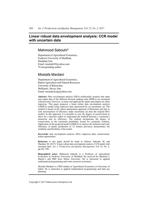 Pdf Linear Robust Data Envelopment Analysis Ccr Model With Uncertain