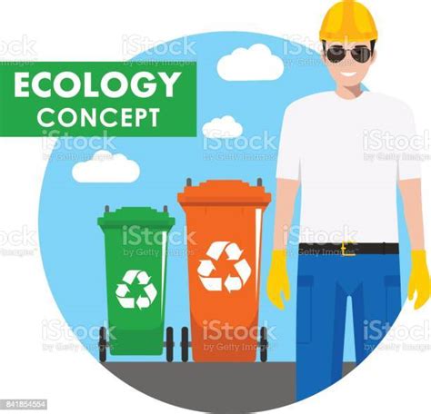 생태 개념입니다 쓰레기 남자와 플랫 스타일에 파란색 배경에 쓰레기의 다른 종류의 상세한 그림 벡터 일러스트입니다 개념에 대한 스톡 벡터 아트 및 기타 이미지 Istock