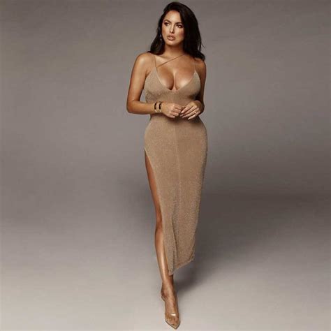 Sexy Women Metallic Sequins Slip Dress Deep V Neck Spaghetti Strap