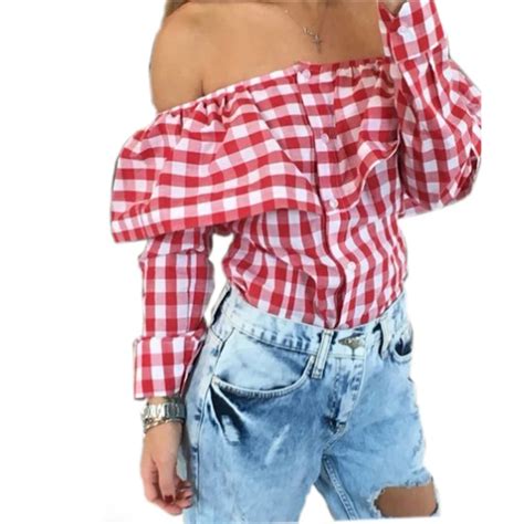 Kawaii Women Cute Off Shoulder Tops Plaid Print Blousas Long Sleeve