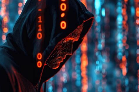 Premium Photo Cybersecurity Hacker In Mask Stealing Data