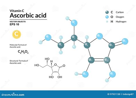 Structural Chemical Molecular Formula And Model Of Ascorbic Acid Atoms Are Represented As