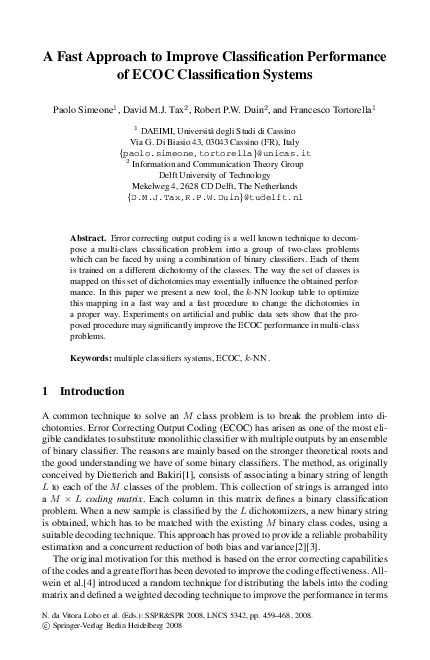 Pdf A Fast Approach To Improve Classification Performance Of Ecoc