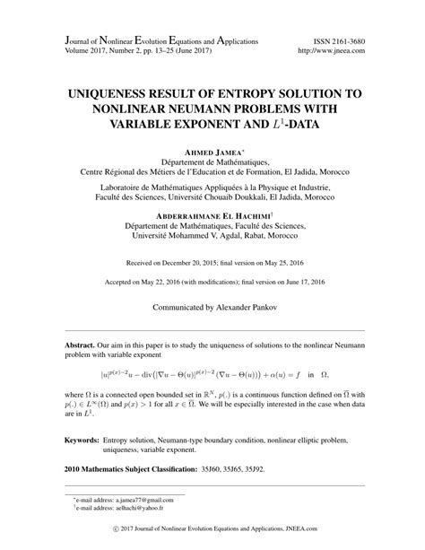 Pdf Uniqueness Result Of Entropy Solution To Nonlinear Neumann Problems With Variable Exponent