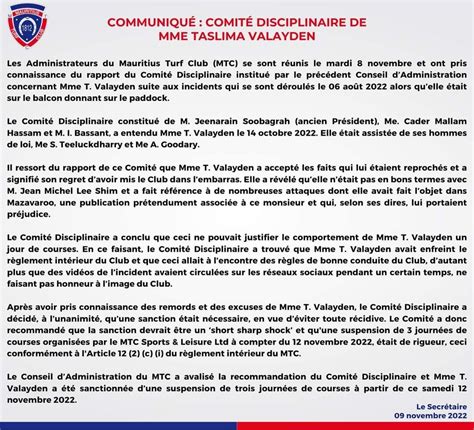 Mtc Taslima Valayden Suspendue Pour Trois Journées De Courses Sunday Times