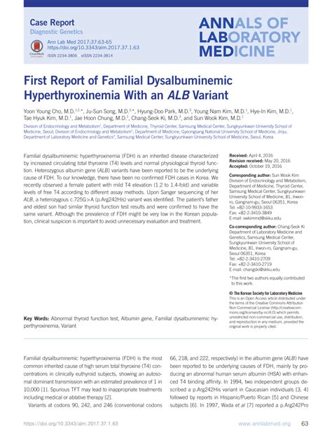 Pdf First Report Of Familial Dysalbuminemic Hyperthyroxinemia With An