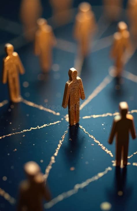 Conceptual Network Social Connections Golden Human Figurines Connected By Lines On Dark Surface