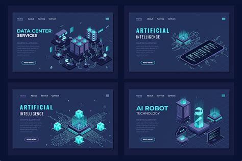 아이소메트릭 랜딩 페이지 템플릿 세트입니다 데이터 센터 Ai 로봇 및 인공 지능을 위한 현대 기술 개념 아이소메트릭 기술 0명에 대한 스톡 벡터 아트 및 기타 이미지