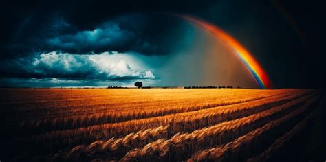Premium Photo Colorful Rainbow After The Storm Passing Over A Field