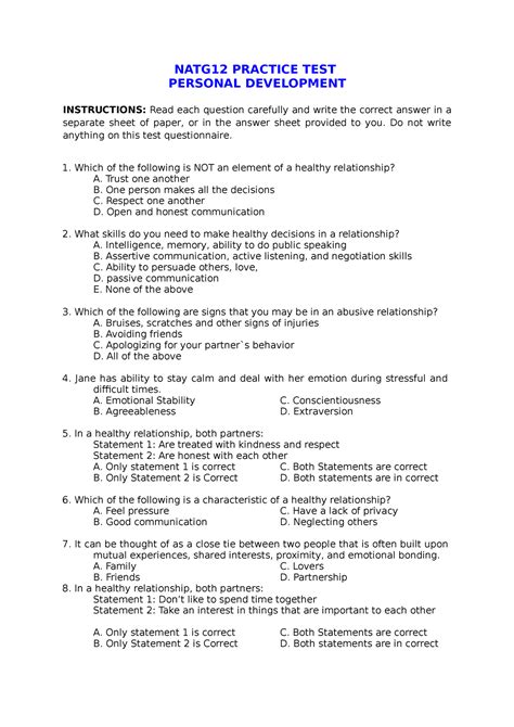 Copy Of Natg12perdev Natg12 Natg12 Practice Test Personal Development Instructions Read