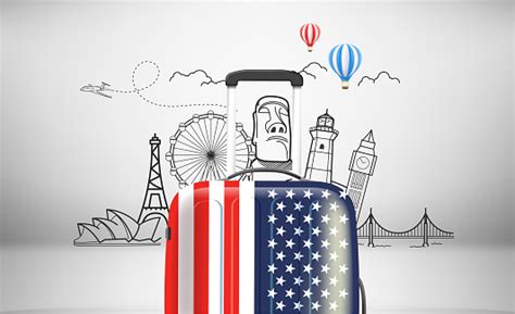 여행 가방과 유명한 기념물이있는 세계 여행 개념 벡터 일러스트 레이 션 3차원 형태에 대한 스톡 벡터 아트 및 기타 이미지 3차원 형태 기념물 여행 가방 Istock