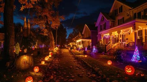 A Night View Of A Neighborhood Fully Lit With Halloween Lights And