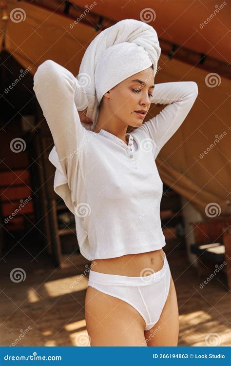 Attractive Young Caucasian Semi Nude Woman With Towel Wrapped Around Head Stock Image Image