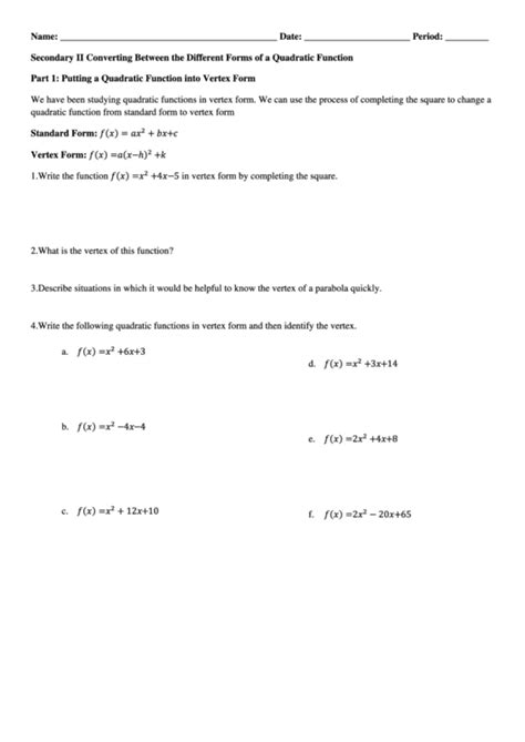 Converting Between Forms Of Quadratics Worksheet