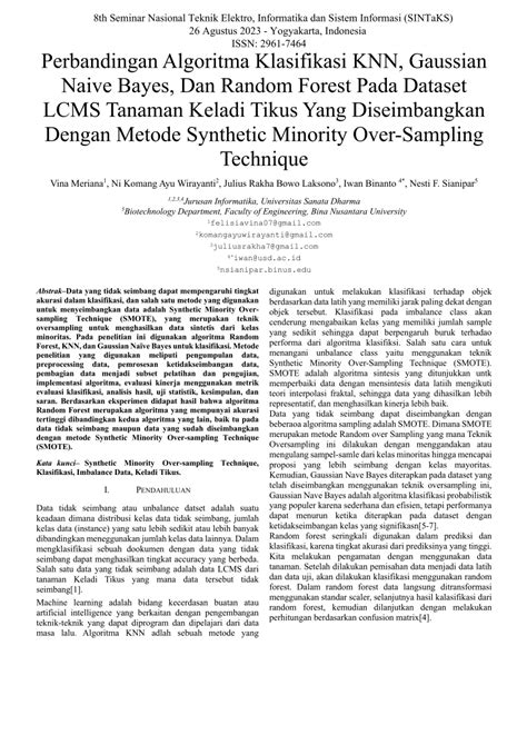Pdf Perbandingan Algoritma Klasifikasi Knn Gaussian Naive Bayes Dan Random Forest Pada