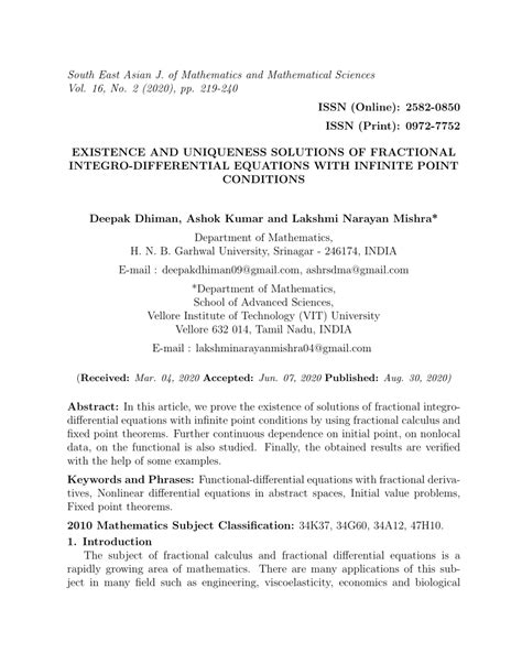 Pdf Existence And Uniqueness Solutions Of Fractional Integro