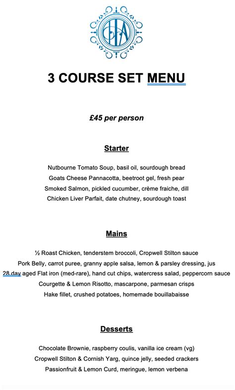 3 Course Set Menu Dill chicken Carrot purée Tenderstem broccoli