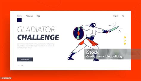 콜로세움 아레나 랜딩 페이지 템플릿에서 검투사 들고 방패와 칼 싸움 스파르타 남성 캐릭터 군단 병사 로마 전사 고대 역사 또는 전투 쇼 선형 벡터 일러스트레이션 개념에 대한