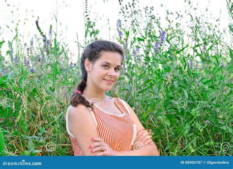 Portrait Of Russian Girl In Blue Wildflowers Stock Image Image Of