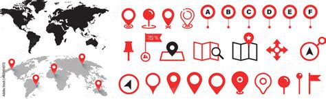 Set Of Map Pin Location Icons With World Map Modern Map Markers Vector Illustration Stock