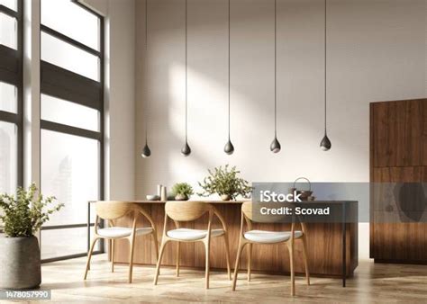 현대적인 식사 공간 또는 주방 나무 주방 섬과 의자의 인테리어 홈 디자인 3d 렌더링 모던 양식에 대한 스톡 사진 및 기타 이미지 모던 양식 식당 거실 Istock