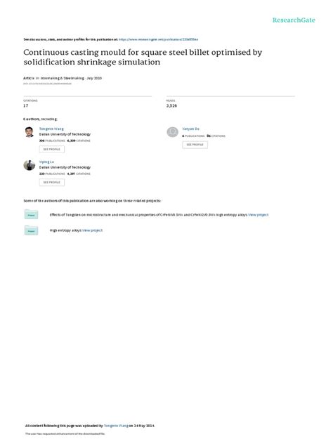 Continuous Casting Mould For Square Steel Billet Optimised By
