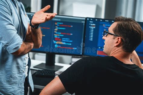 It Developers Discussing Online Software Development Information Sellable Stock Image Image